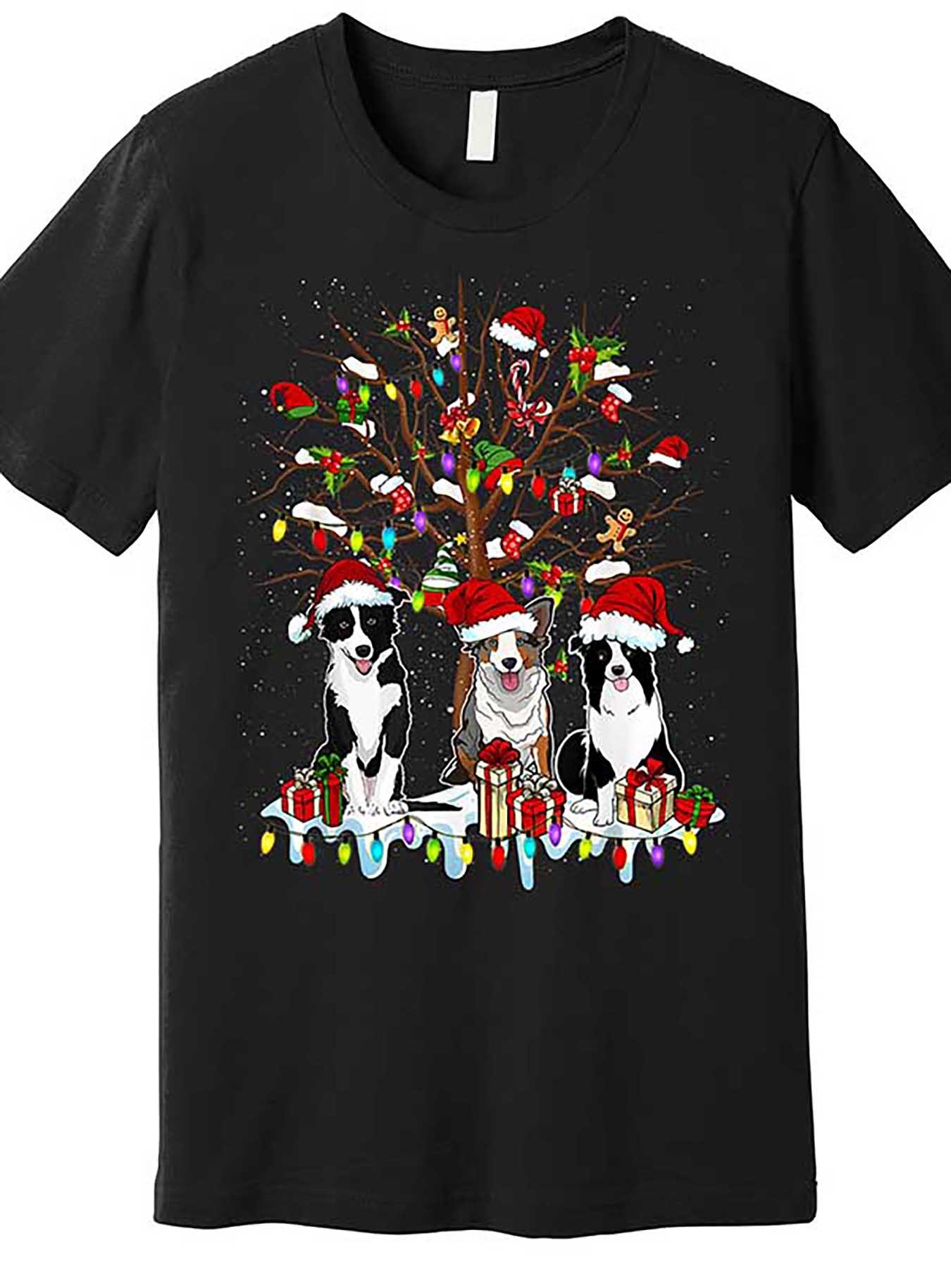 funny border collie christmas tree graphic tee soft cotton - Temu