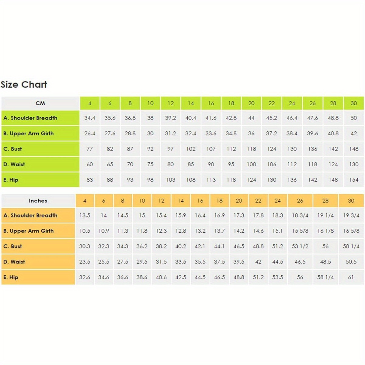 clothing size chart sold on Temu United States