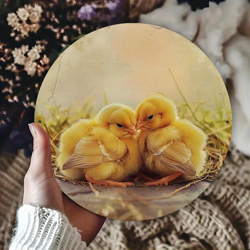 复古铝制招牌,带可爱的黄色小鸡 2d 打印金属壁画,适用于室内外,家庭,餐厅,咖啡馆,车库装饰,8x8 英寸锡艺术品。 Temu
