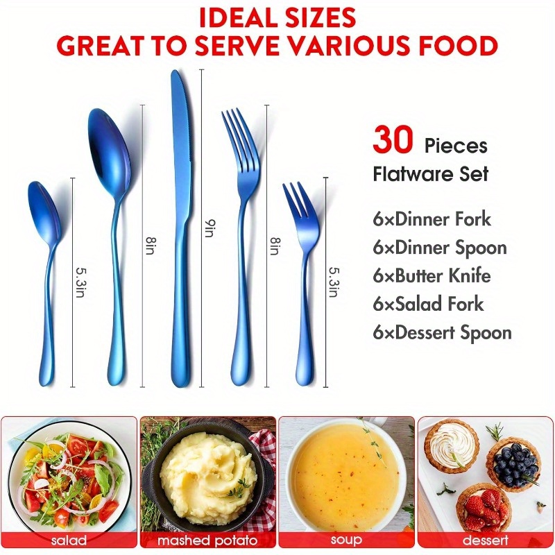 6 person Stainless Steel Flatware Set Blue Cutlery Set - Temu