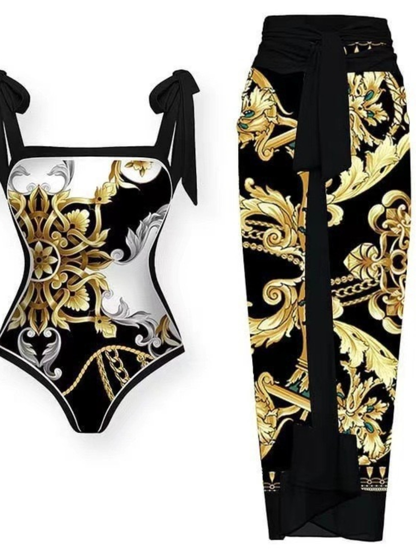 bathing suit with wrap skirt sold on Temu United States