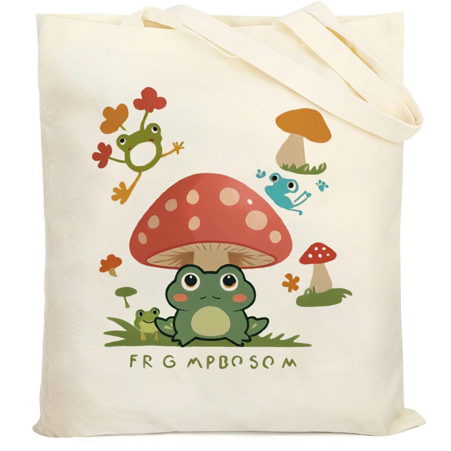Chic Frog Mushroom Canvas Tote Bag Large Capacity Shoulder - Temu