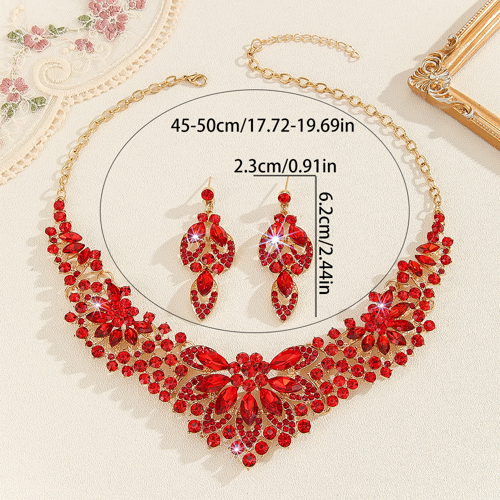 Elegant Bridal Jewelry Set Red Crystal Necklace Earrings - Temu