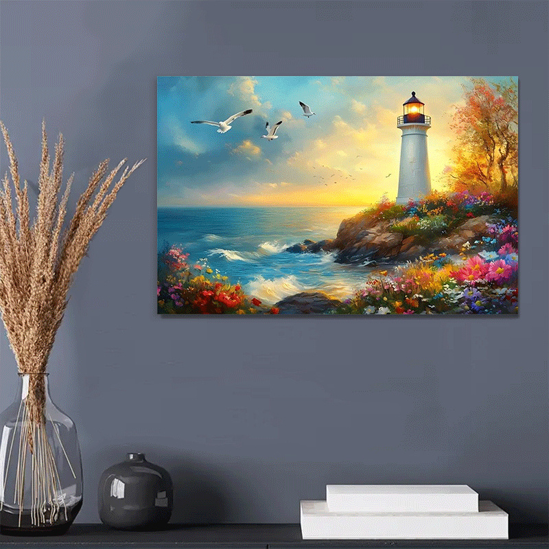Framed Paintingcoast Lighthouse Seagull Sunset Art Painting - Temu
