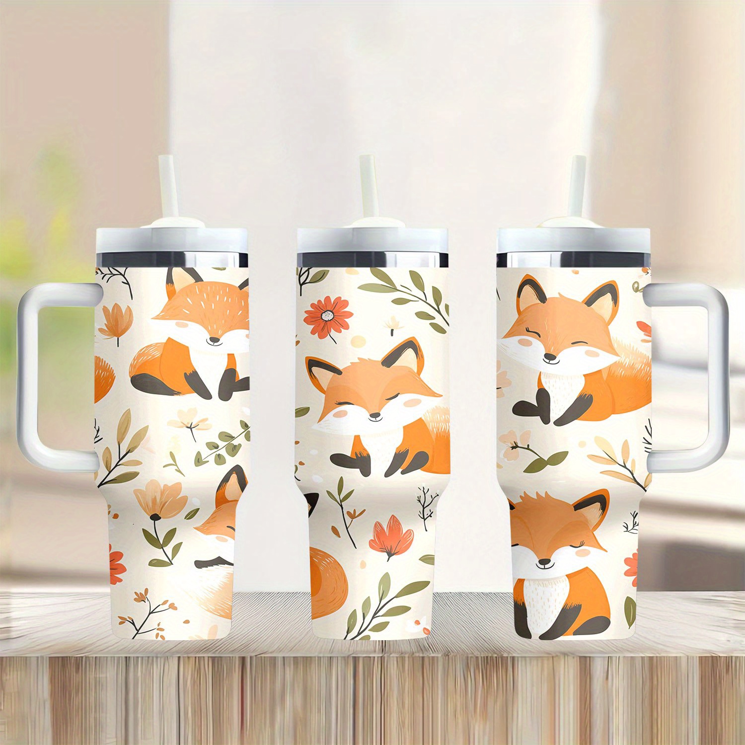 Cute Fox Cartoon Stainless Steel Tumbler Straw Handle – - Temu Canada