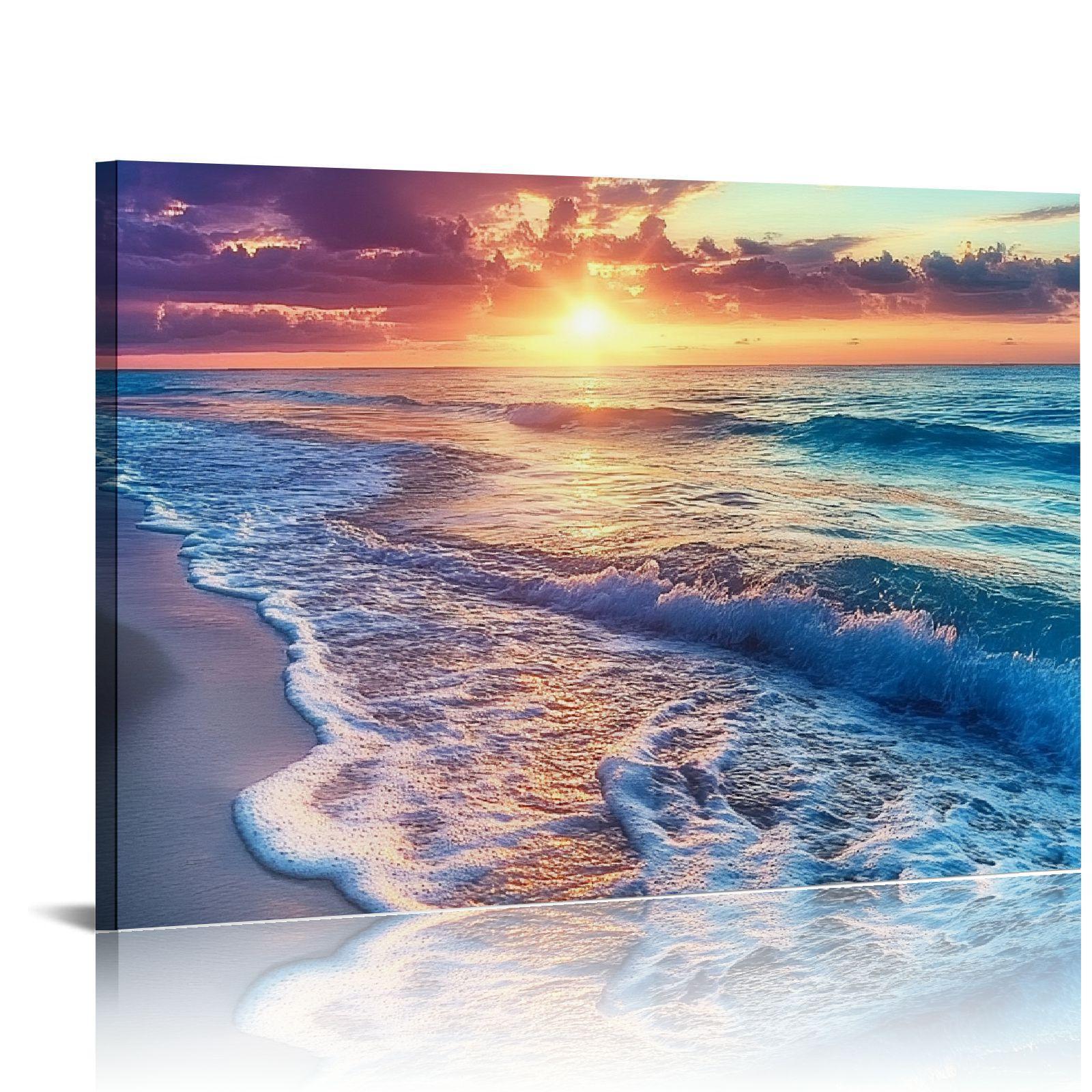 Stunning Sunset Waves Canvas Art Print Frameless Beach - Temu