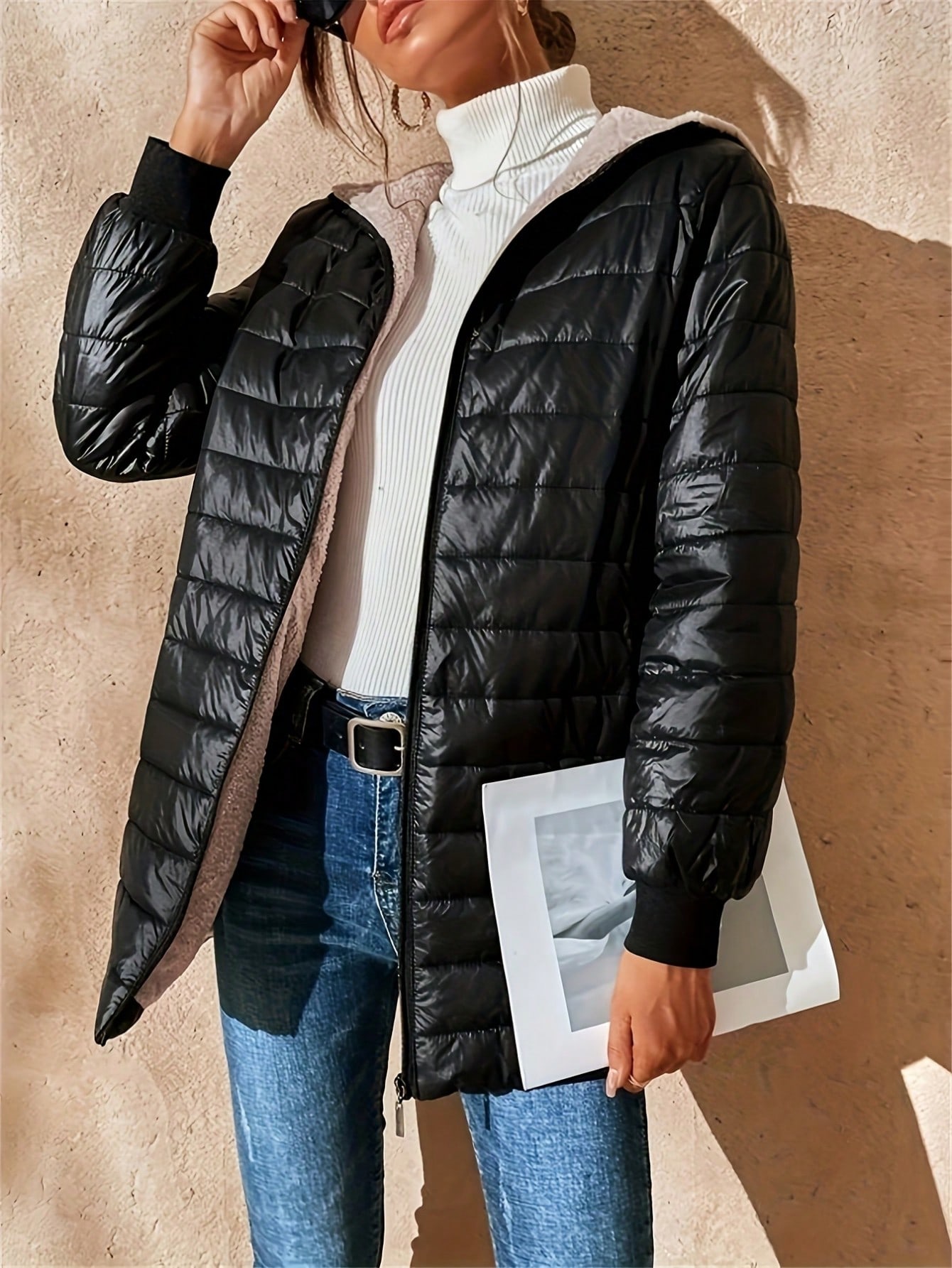 womens long puffer jacket sold on Temu United States