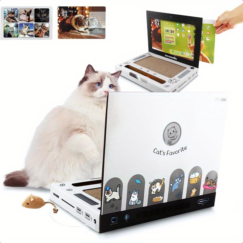 Cardboard Scratcher Cat Laptop Scratcher Toy With Fluffy Mouse & Ball ...