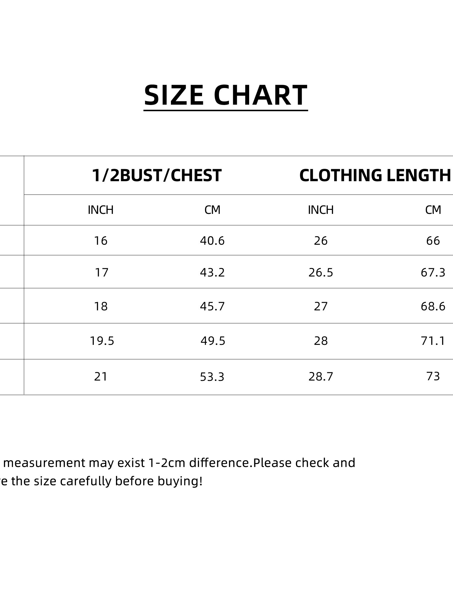 clothing size chart sold on Temu United States