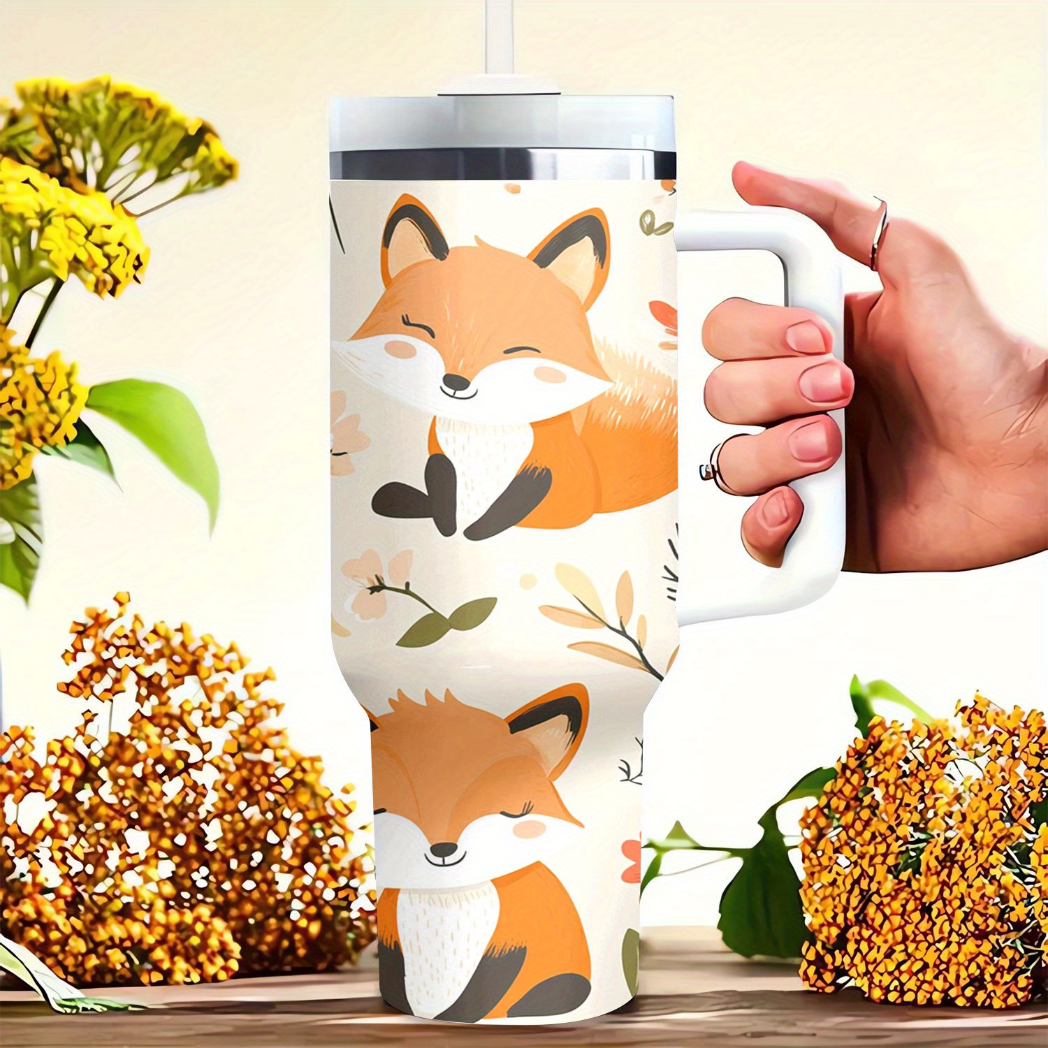 Cute Fox Cartoon Stainless Steel Tumbler Straw Handle – - Temu Canada