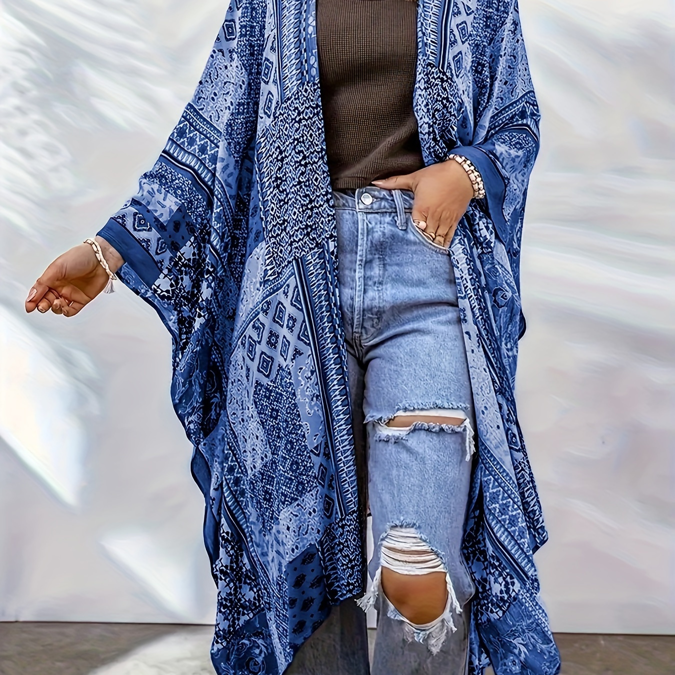 Plus Size Boho Coat Womens Plus Arabesque Print Long Sleeve Temu