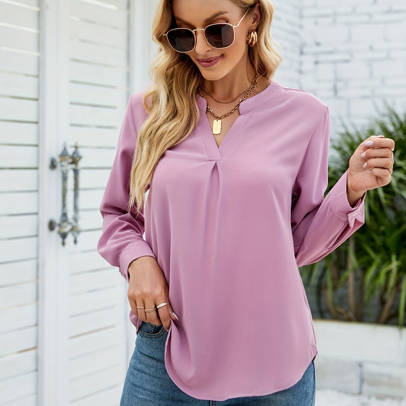 Pleated Backless Solid Dress Elegant V Neck Long Sleeve Temu