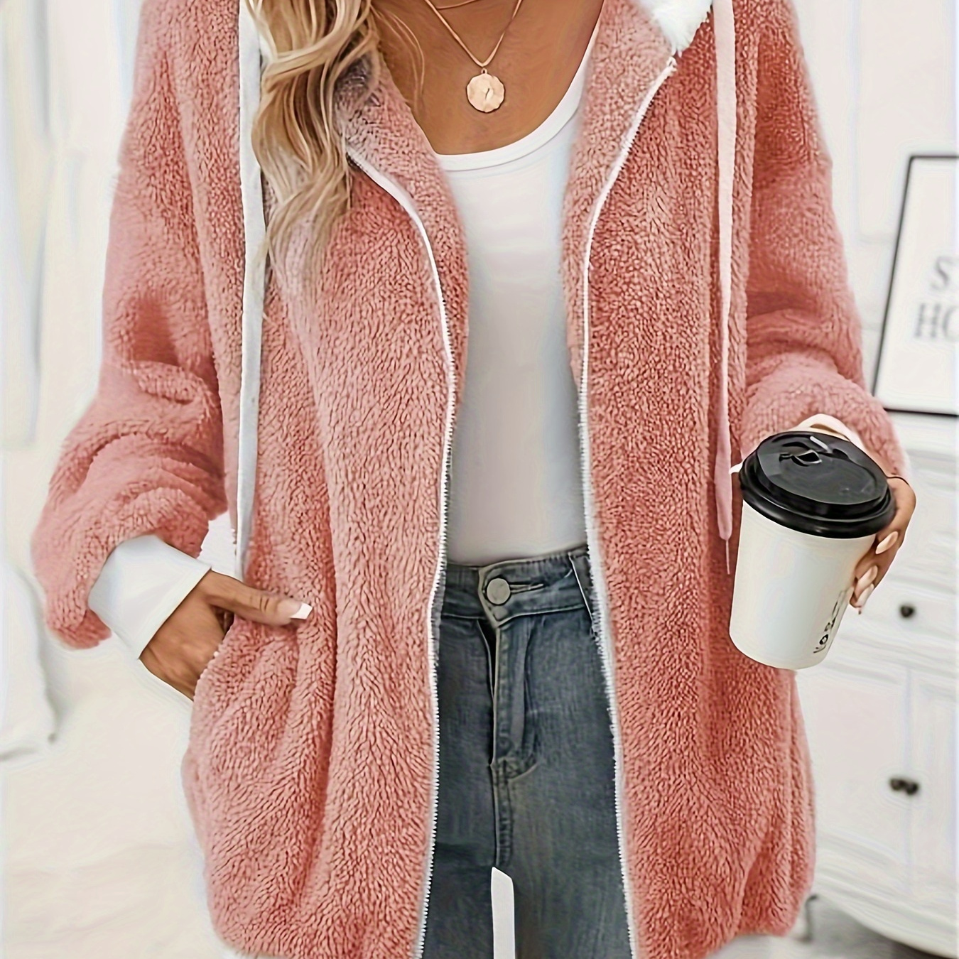 Drawstring Teddy Coat Casual Zip Long Sleeve Warm Outerwear - Temu
