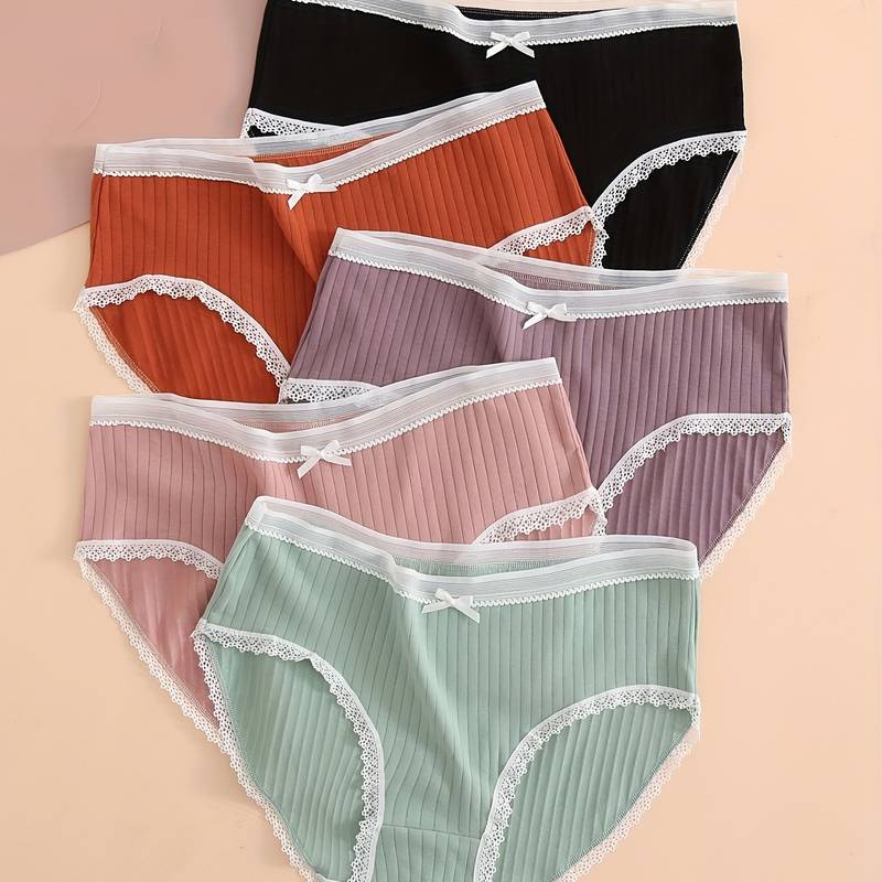 Plus Size Elegant Panties Set Womens Plus Ribbed Contrast Lace Trim