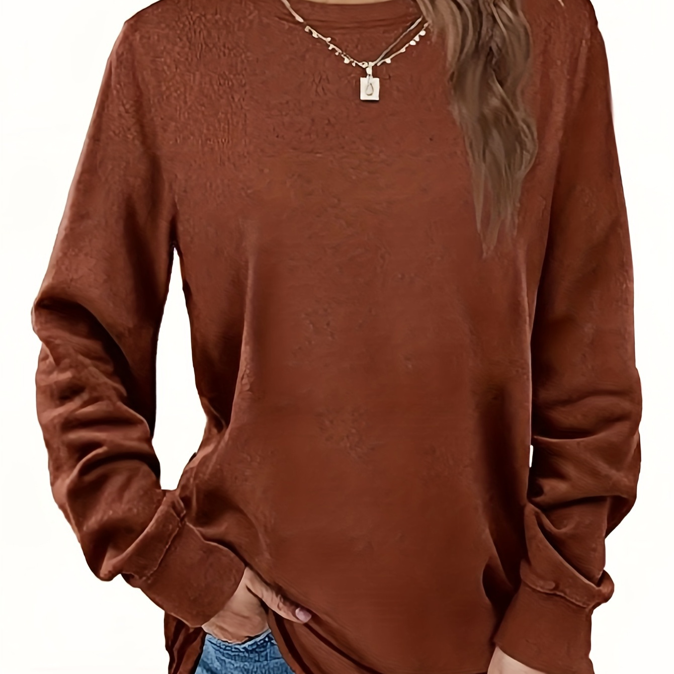 Simple Maxi Dress Casual Crew Neck Long Sleeve Solid Dress - Temu