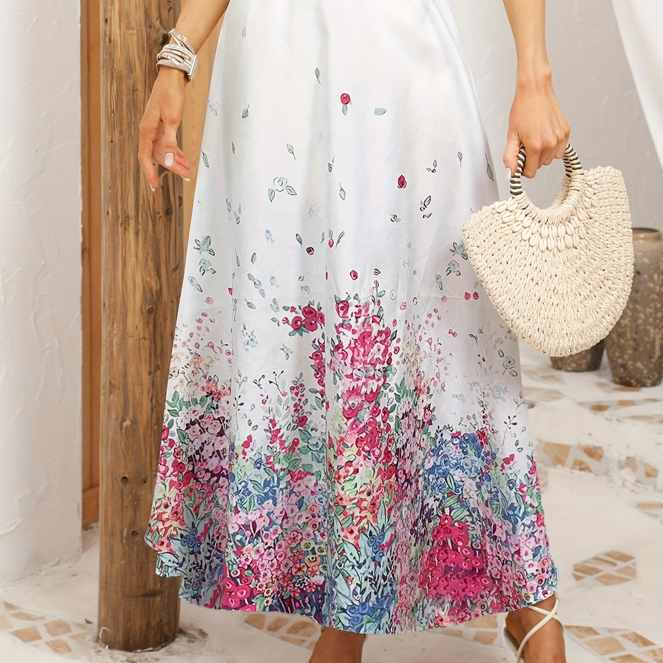 Embroidery Mesh Floral Print Dress Vintage Sleeveless Ruffle Hem Maxi