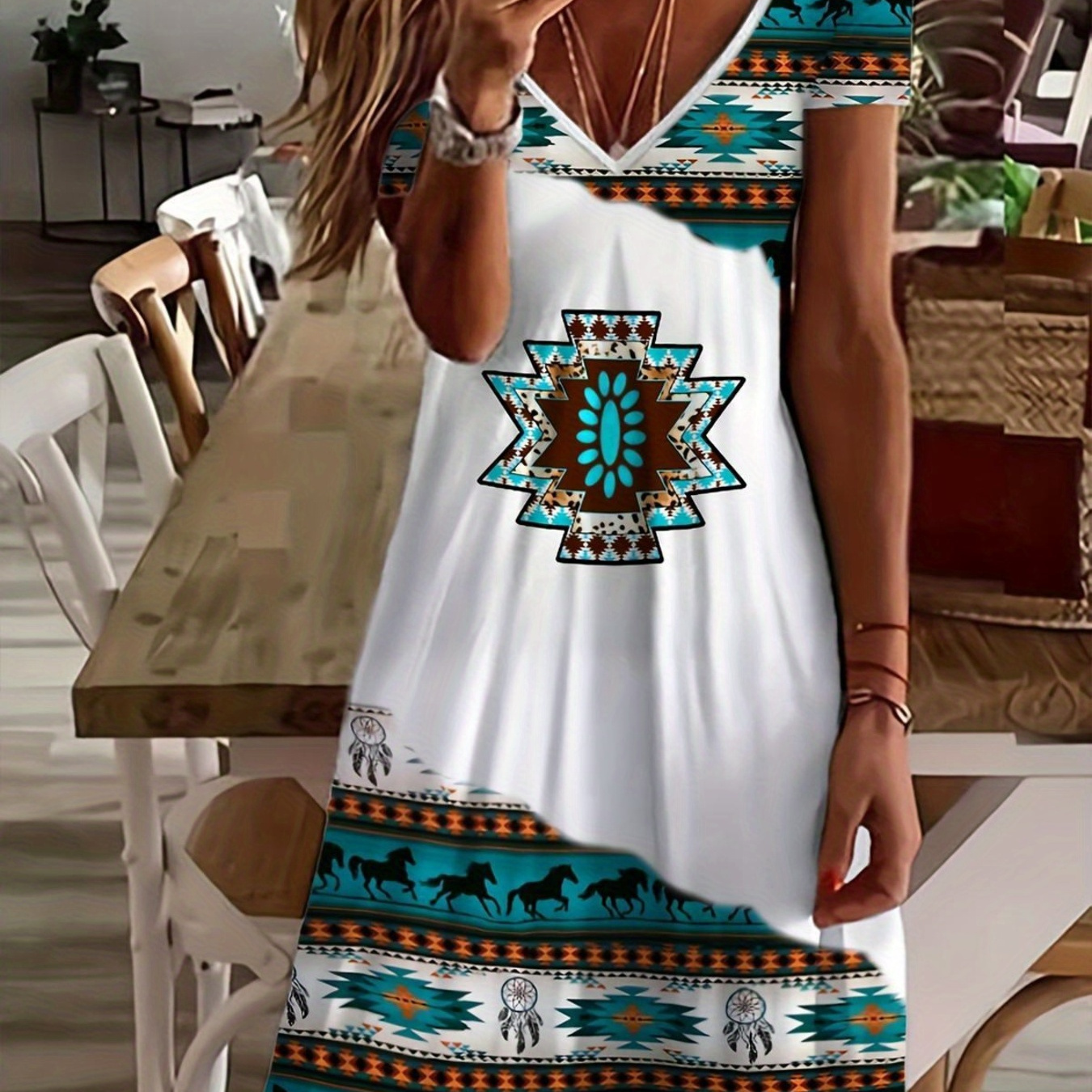 Aztec Print Dress Vintage V Neck Short Sleeve Western Style - Temu