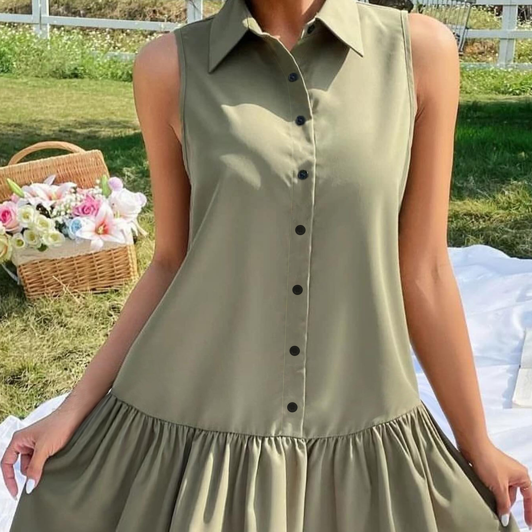 봄과 여름을 위한 캐주얼한 칼라와 프릴 헴이 있는 플러스 사이즈 단색 버튼 프론트 민소매 드레스 여성 플러스 사이즈 의류