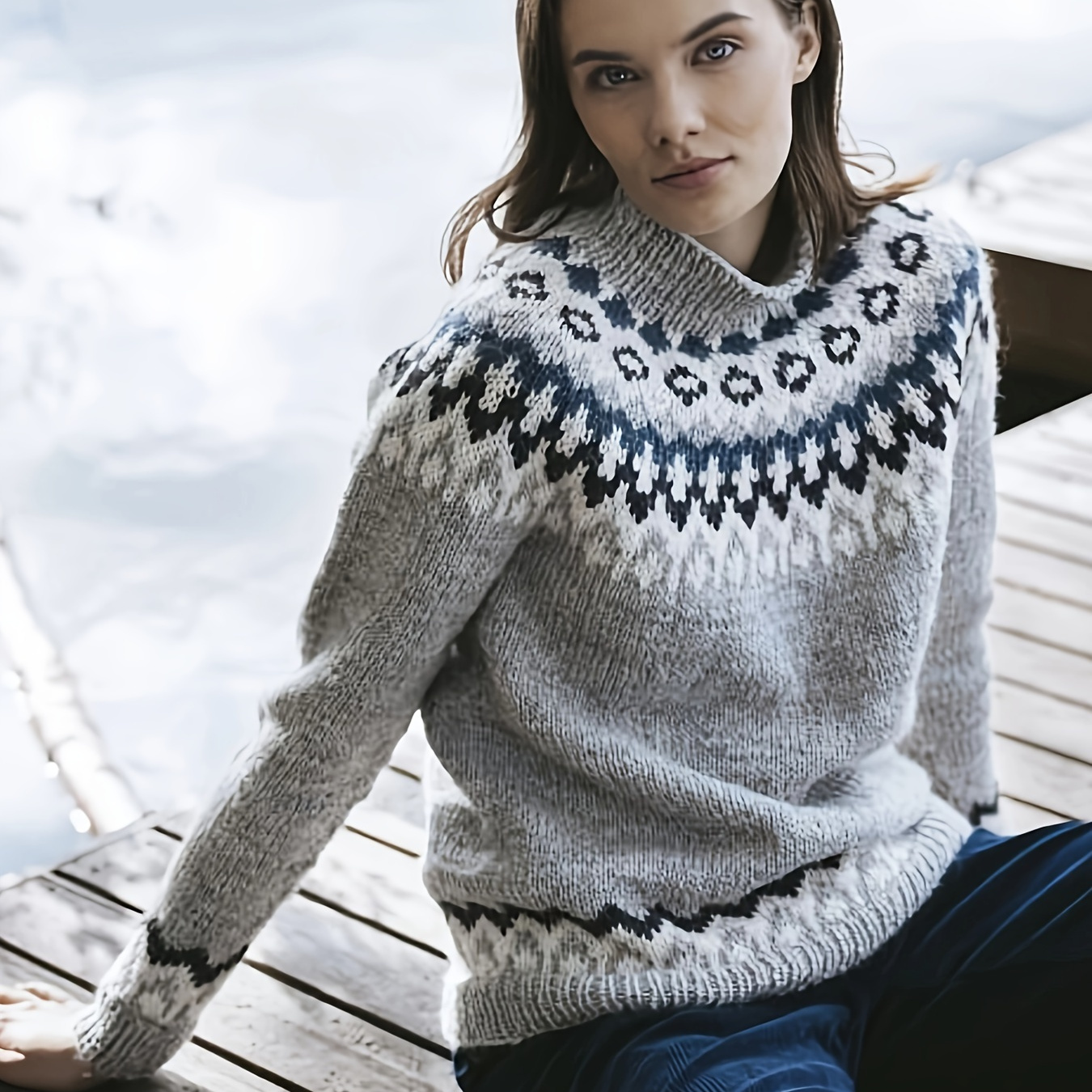 Geo Pattern Crew Neck Pullover Sweater Vintage Long Sleeve - Temu