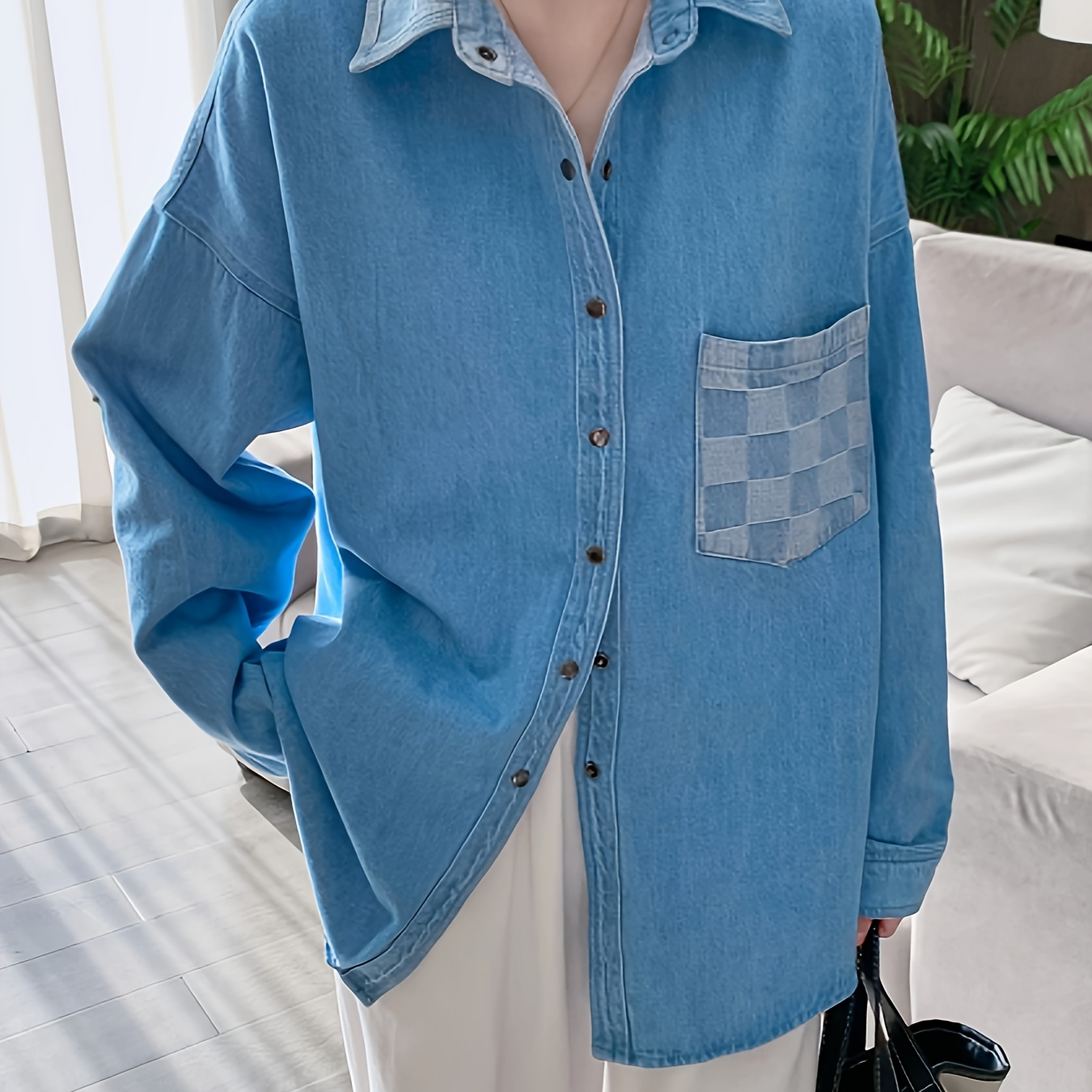 Women's Casual Denim Top, Plus Size Colorblock Drop Shoulder Long ...