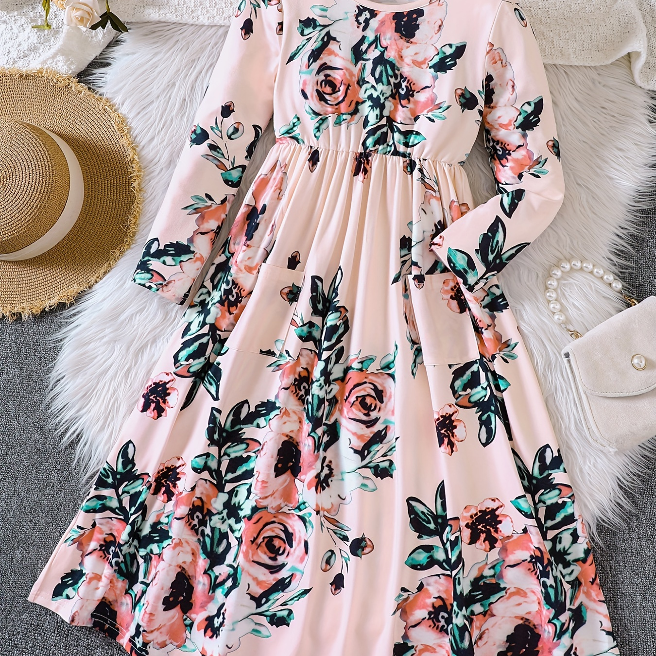 Girls Dress Kids Casual Floral Cotton Long Sleeve Dress - Temu