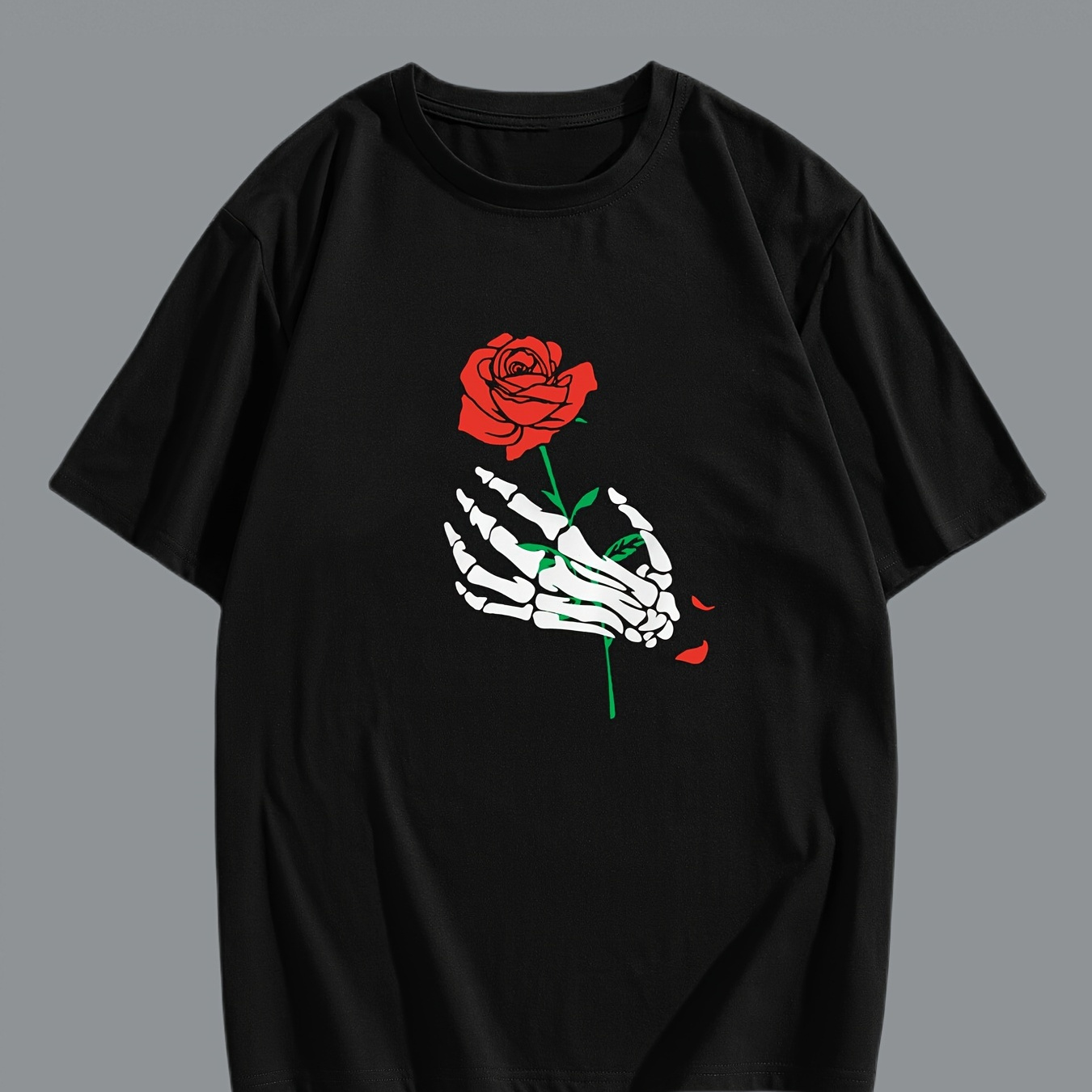 Men's Rose & Skeleton Hand Pattern T-shirt, Casual Slightly Stretch ...