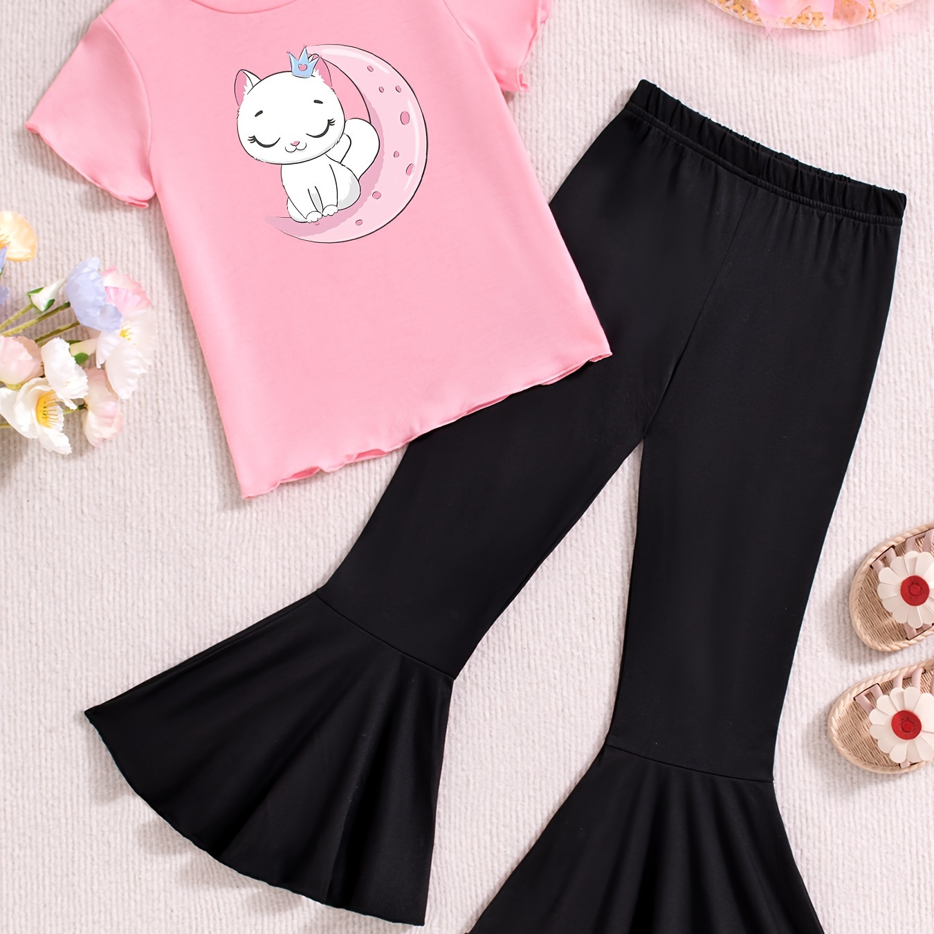 2pcs Girl's Set, Cartoon Cat & Moon Print, Girl's Trendy T-shirt ...