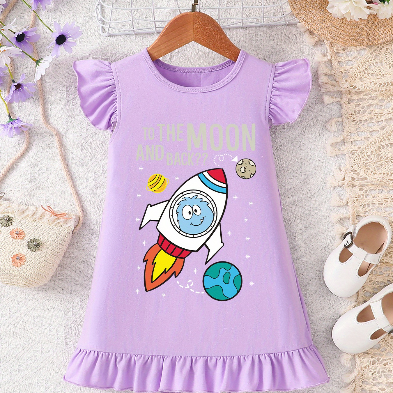 달과 다시 돌아와 And 로켓 그래픽 프린트가 있는 만화 몬스터 봄 And 여름을 위한 아기 소녀들을 위한 세련된 And 약간의 신축성