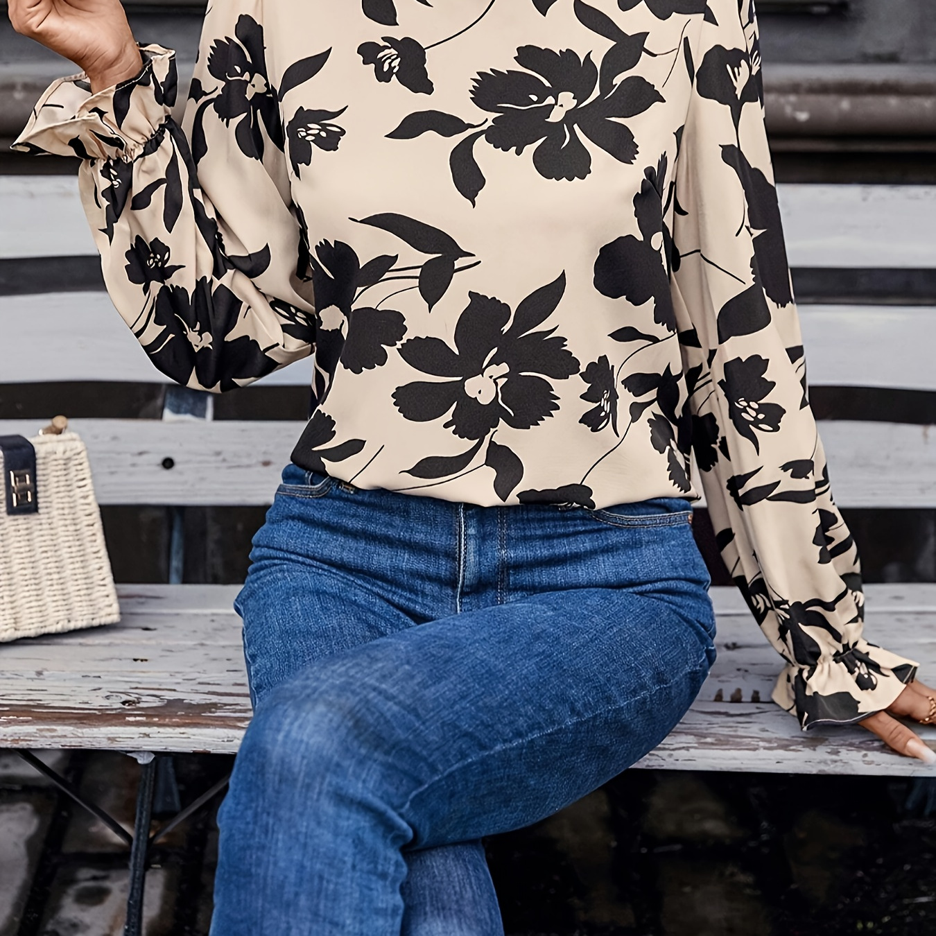 Pleated Square Neck Ruffle Cuff Blouse Elegant Long Sleeve Blouse For