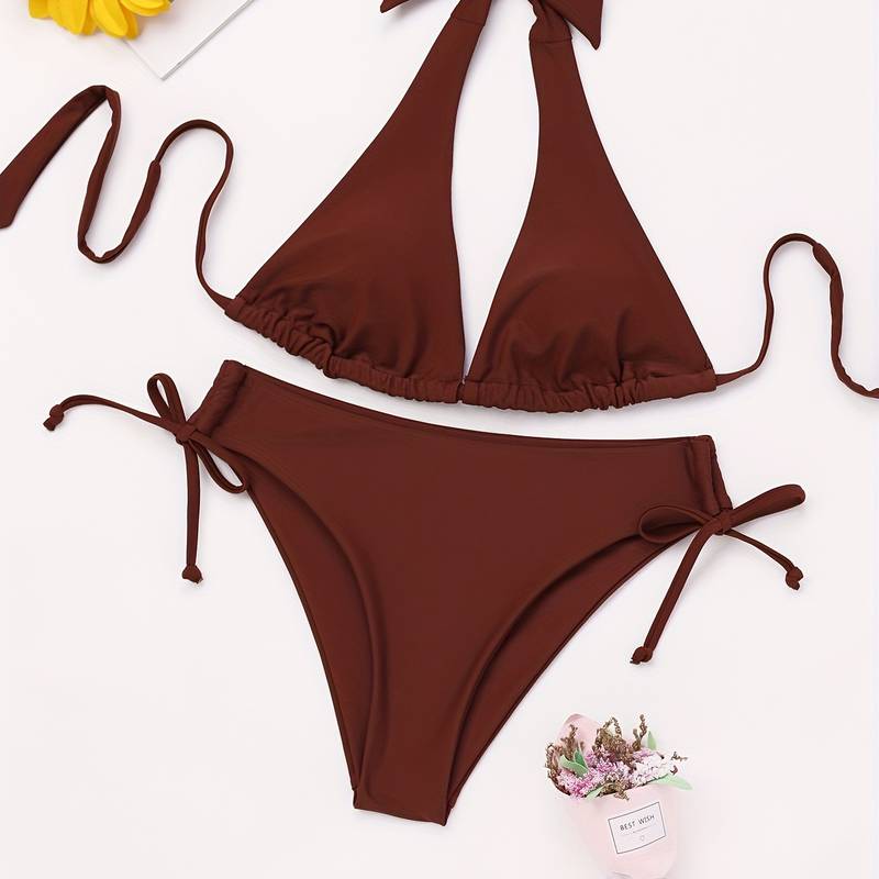 Random Print Triangle Bikini Sets Halter Neck Tie Back Tie Side High
