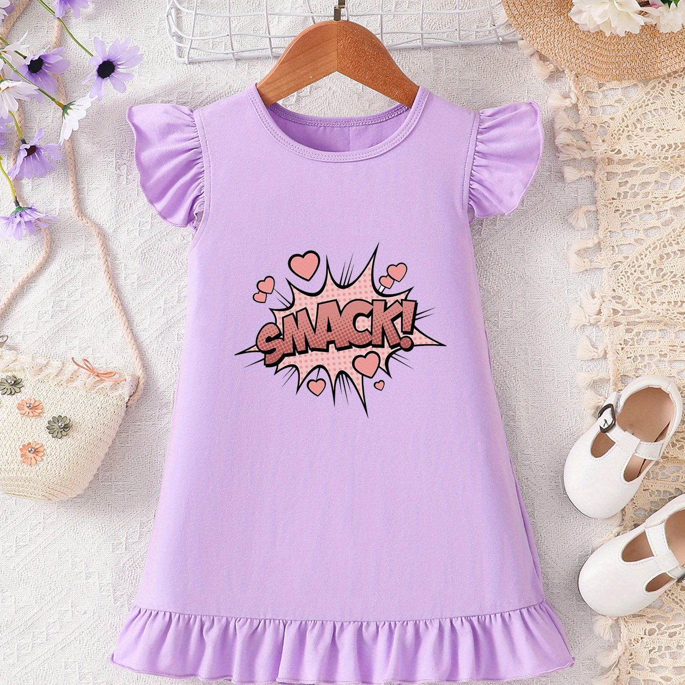 스맥 앤 하트 그래픽 프린트 봄과 여름을 위한 아기 소녀들을 위한 세련된 And 약간의 신축성 있는 러플 트림 면 드레스 옥외 활동용 유아 소녀들을 위한 스트릿웨어 의류