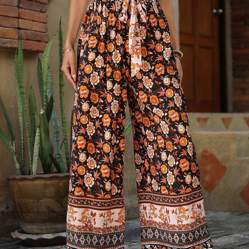Floral Print Elastic Waist Pants Casual Wide Leg Cropped Temu Australia