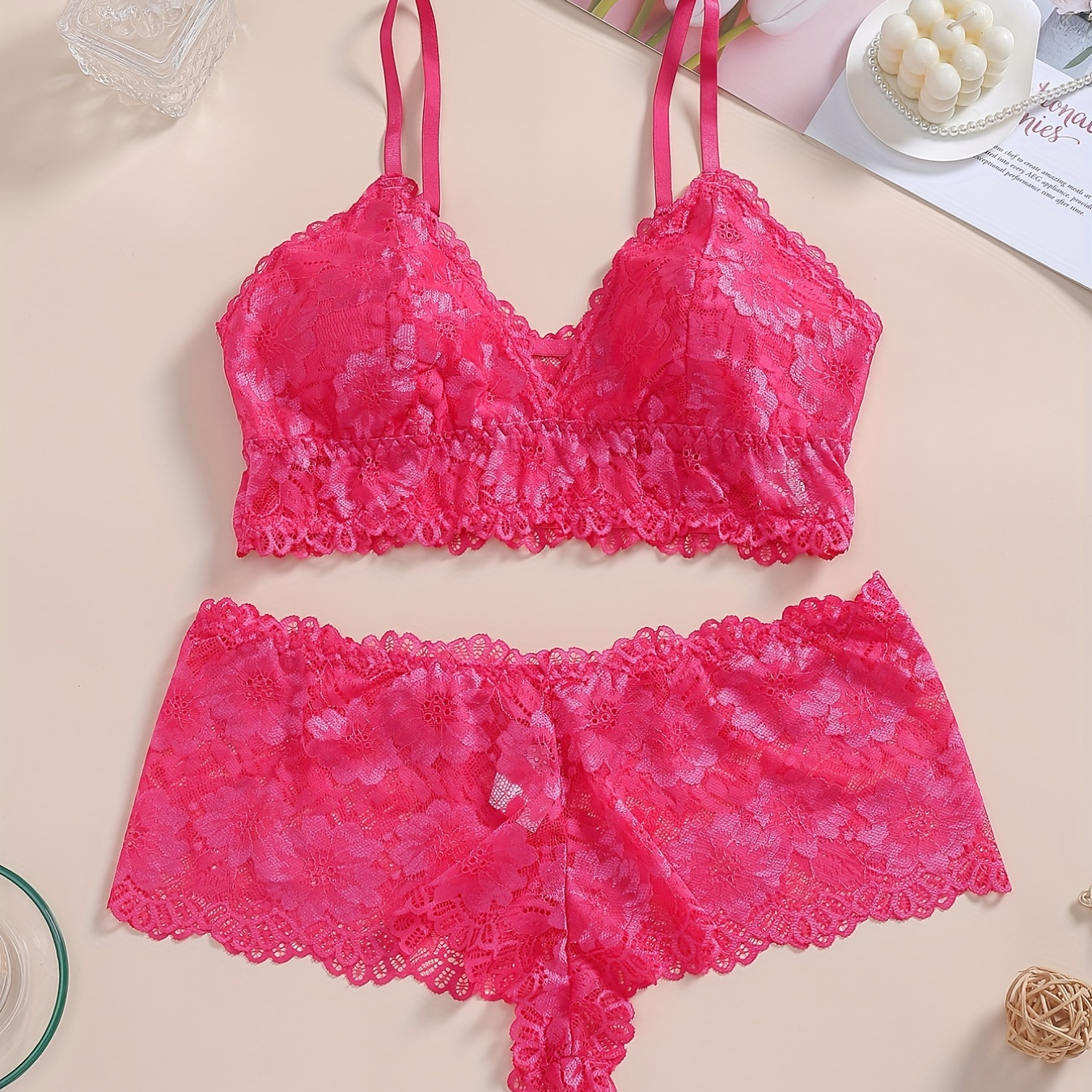 Plus Size Floral Jacquard Contrast Lace Bra And Panty Sexy Lingerie Set