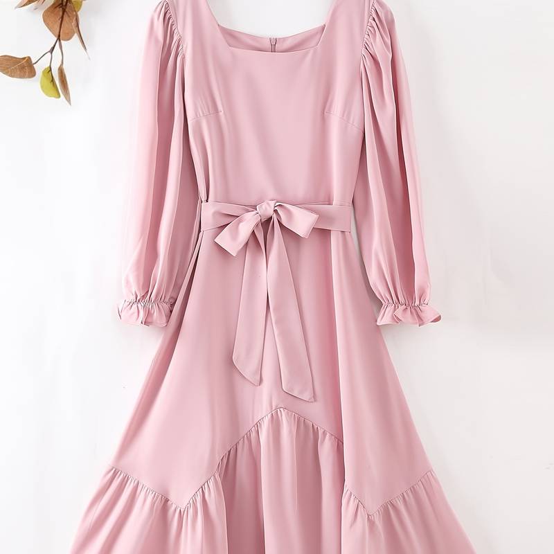 Tie Front Lantern Long Sleeve Dress Casual Solid Squared Temu