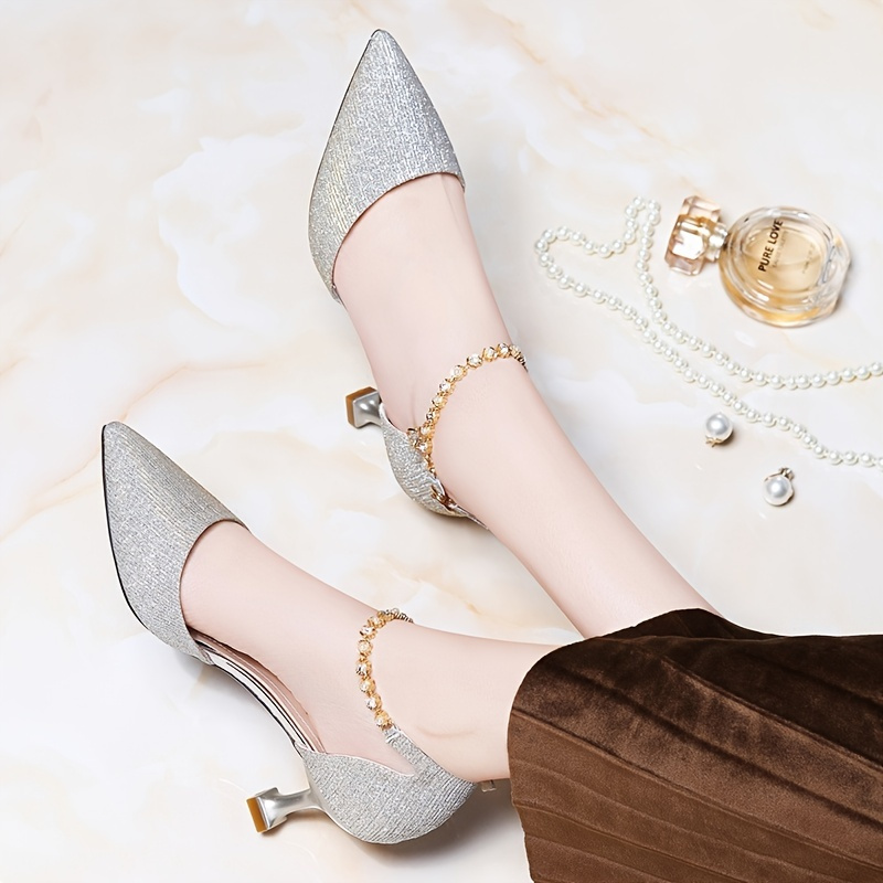 Women's Ankle Rhinestone Chain Strap High Heels Glitter Pointed Toe D ... Women's Ankle Rhinestone Chain Strap High Heels Glitter Pointed Toe D ...