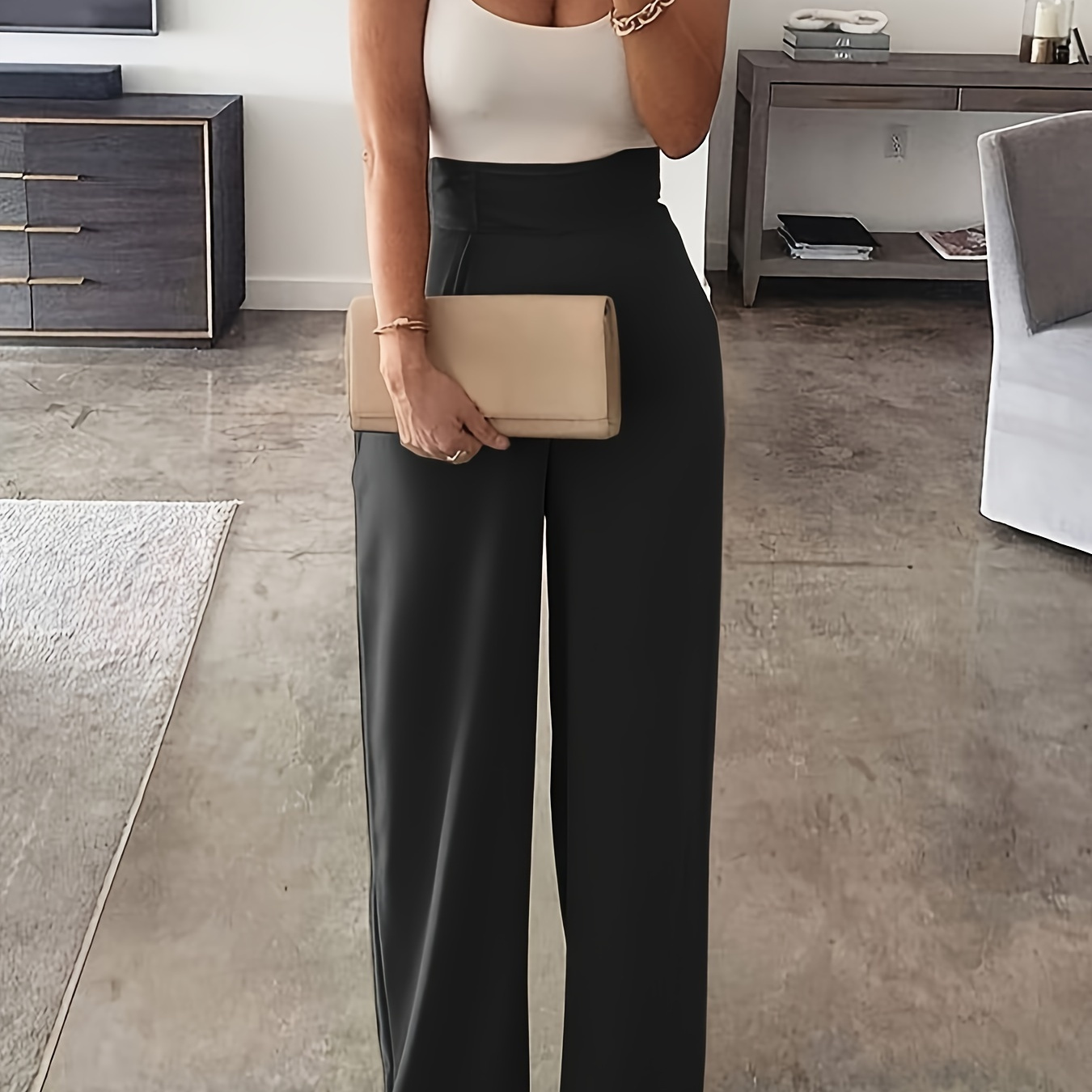 Shirred Waist Wide Leg Pants Casual Solid Slant Pockets Temu Australia