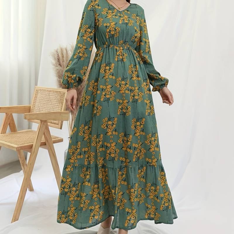 Pin Dot Print High Waist Dress Elegant V Neck Long Sleeve Maxi Dress