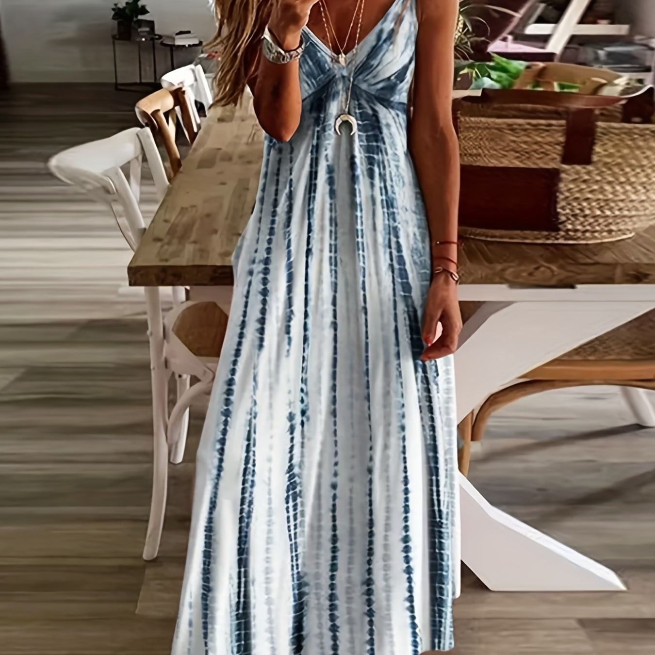 Striped Print High Waist Dress, Casual Sleeveless Spaghetti A Line Maxi ...