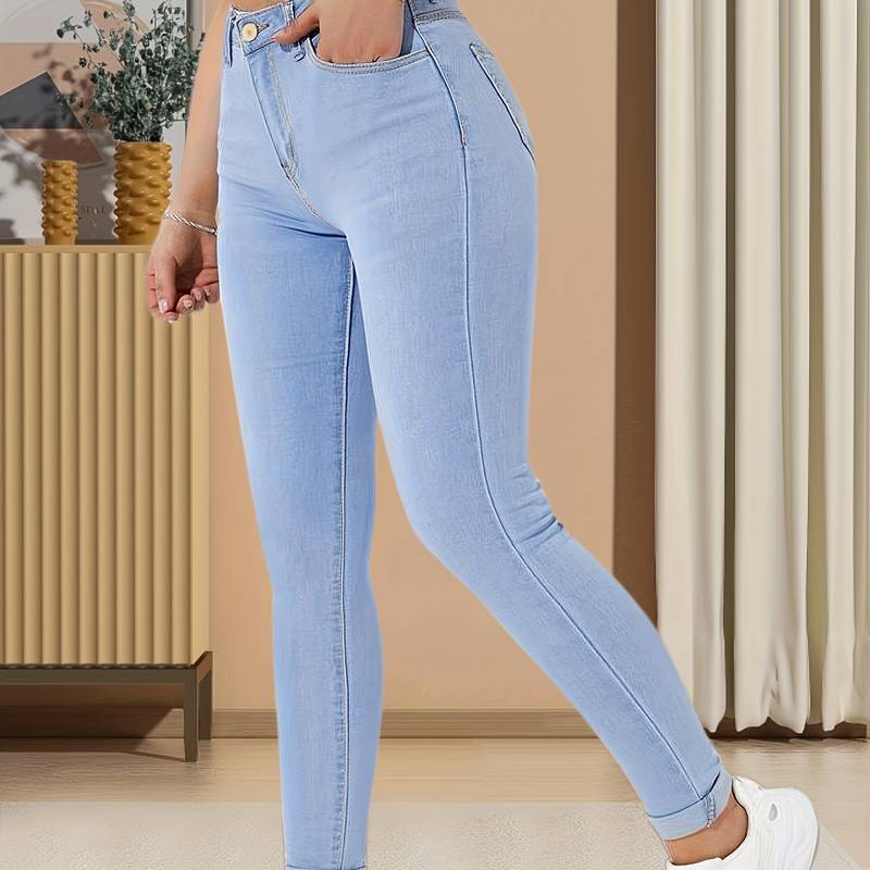 Blue High Waist Skinny Jeans Slim Fit High Rise Slash Pockets Slight