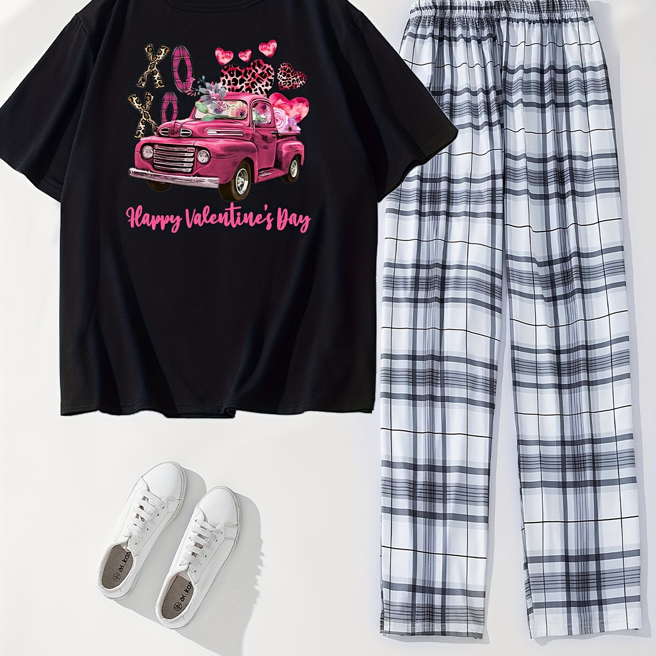 Damen Valentinstag Lässiges Lounge-set, Plus Size Auto & Herz Druck ...