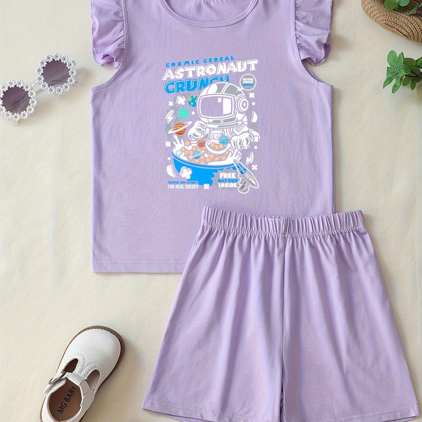 편지 및 만화 우주 비행사 그래픽 프린트 아기 여아 시크 And 편안한 면 복장 봄 And 여름용 러플 트림 크루넥 티셔츠 And 캐주얼 반바지 세트 2개 유아 여아 의류