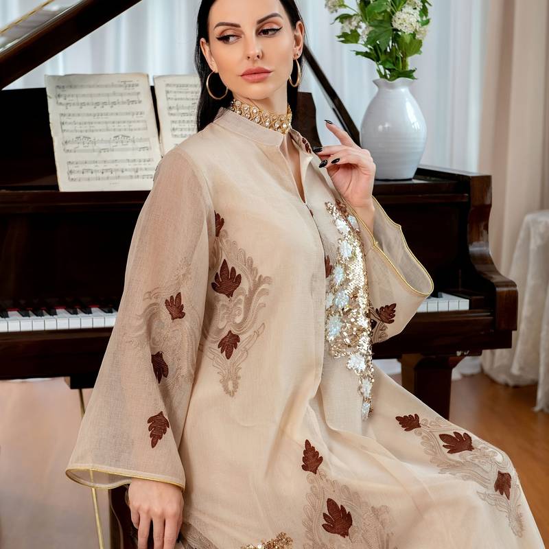 Layered Ruffle Trim Kaftan Dress Elegant Open Front Long Sleeve Maxi