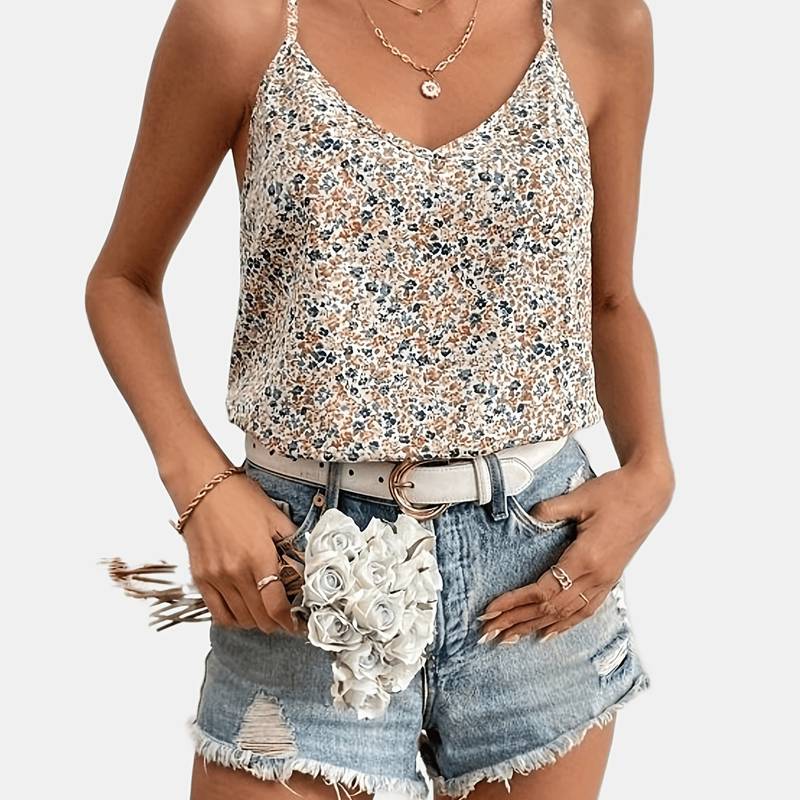 Floral Print Spaghetti Top Casual V Neck Backless Cami Top For Summer