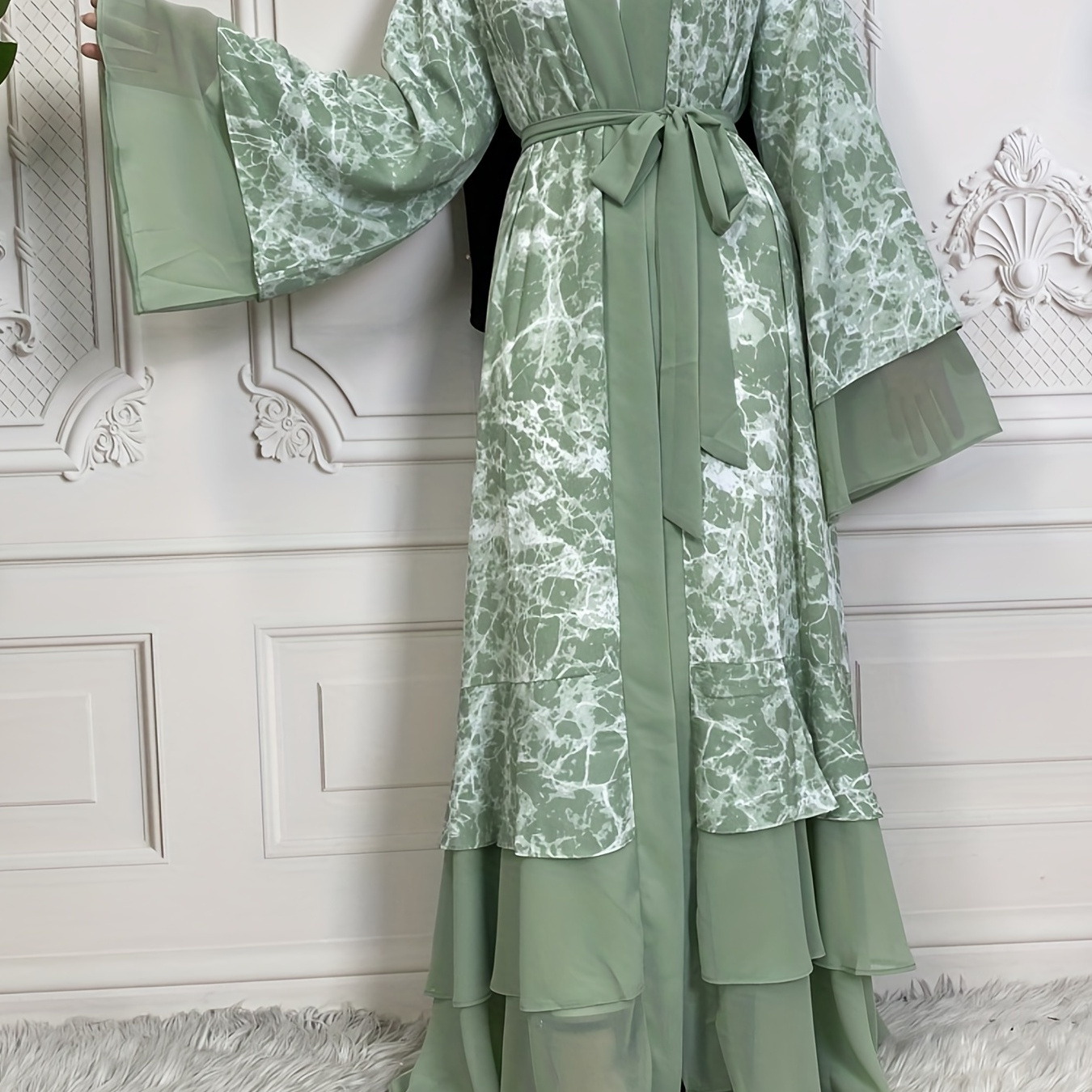 Layered Ruffle Trim Kaftan Dress Elegant Open Front Long Sleeve Maxi
