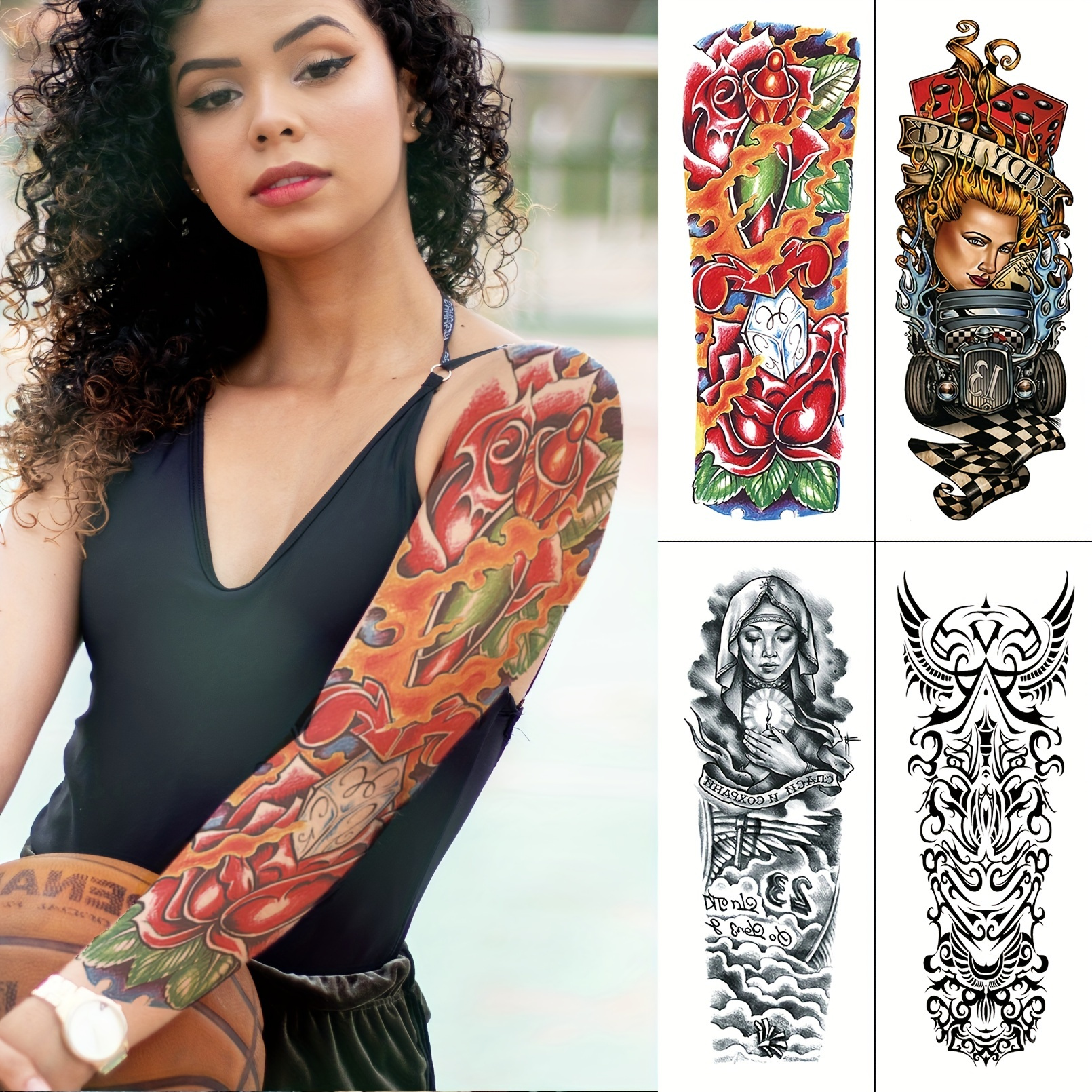 4 Sheets Full Arm Temporary Tattoo, Rose Locomotive Nun Abstract ...