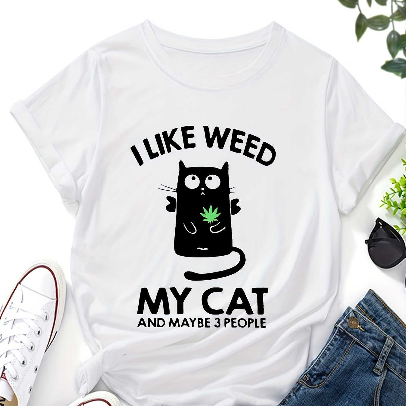 Cat & Letter Print Crew Neck T-shirt, Casual Short Sleeve T-shirt For ...