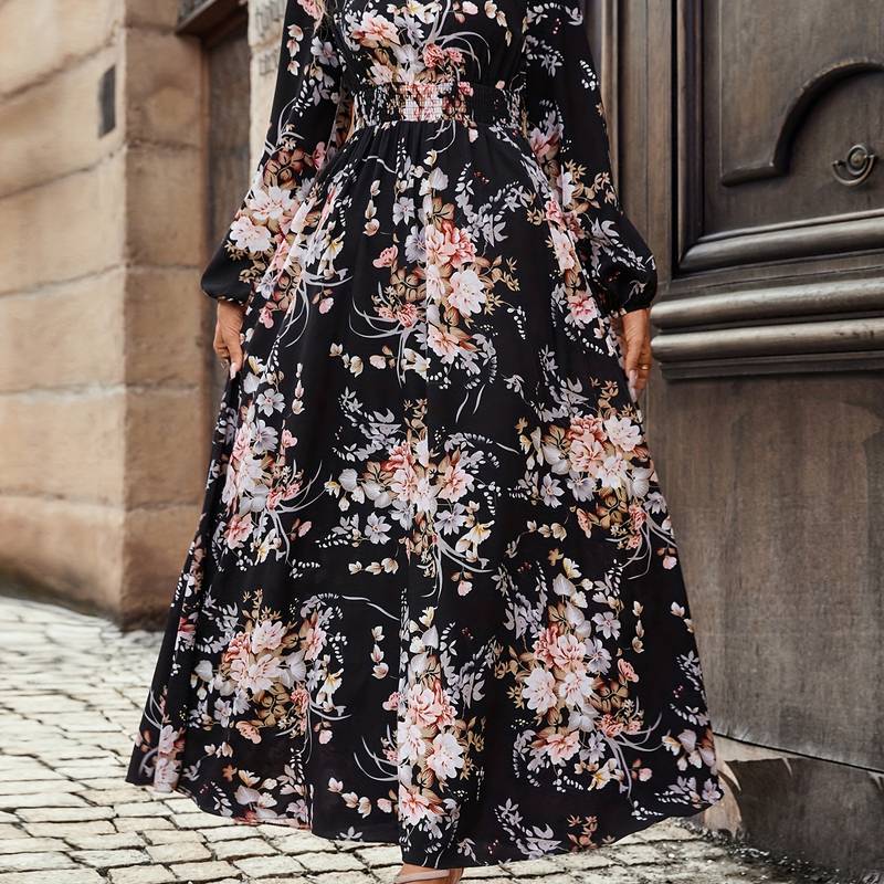 Pin Dot Print High Waist Dress Elegant V Neck Long Sleeve Maxi Dress