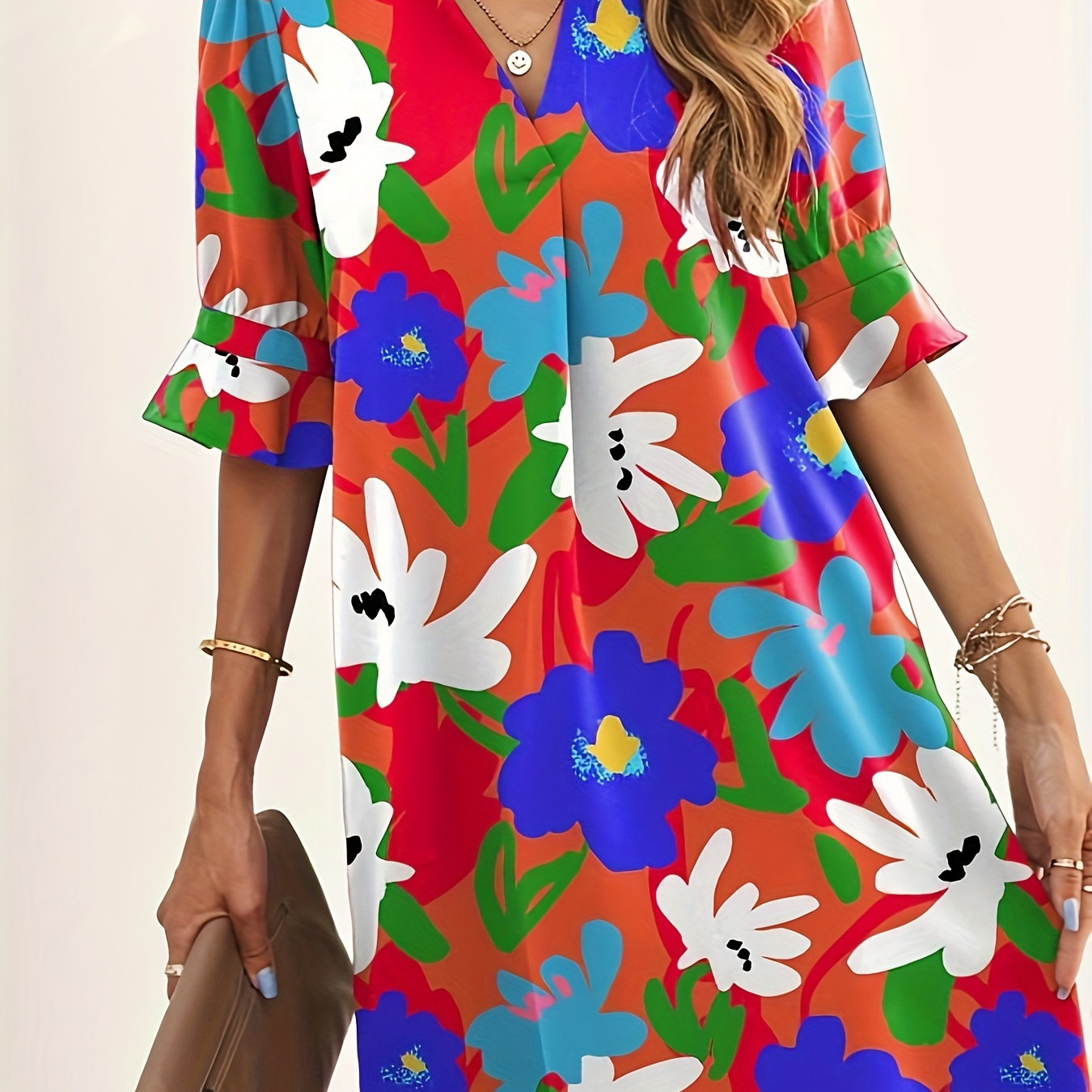 Grote Maten Jurk Met Kleurblokken En Bloemenprint, Vakantie Jurk Met Inkeping In De Hals En ...