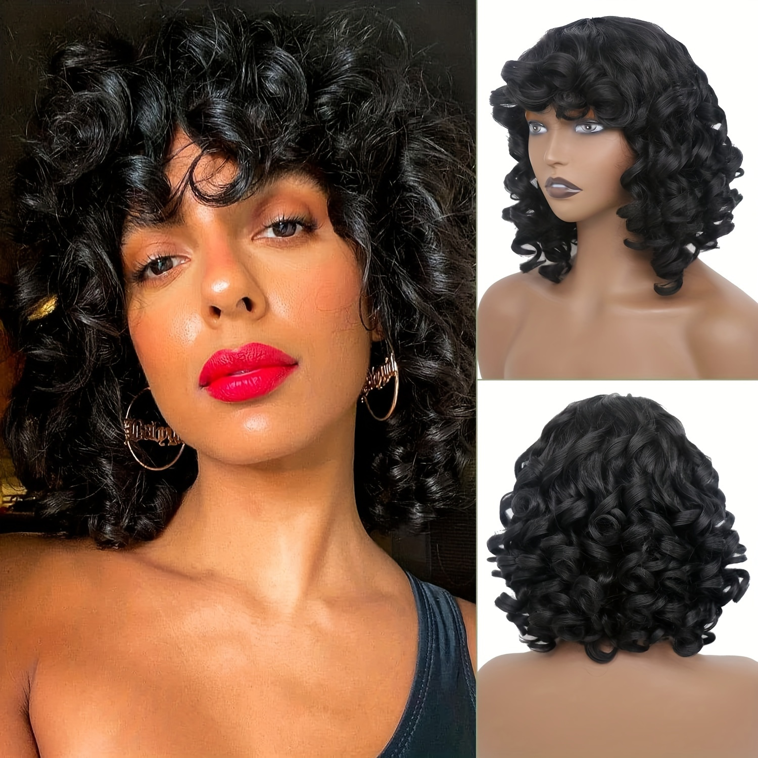 Short Kinky Curly Afro Wig With Bangs For Women Girls Heat Resistant Synthetic Curly Bob Hair