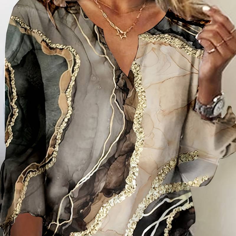 Plus Size Casual T Shirt Womens Plus Marble Print Short Sleeve V Neck